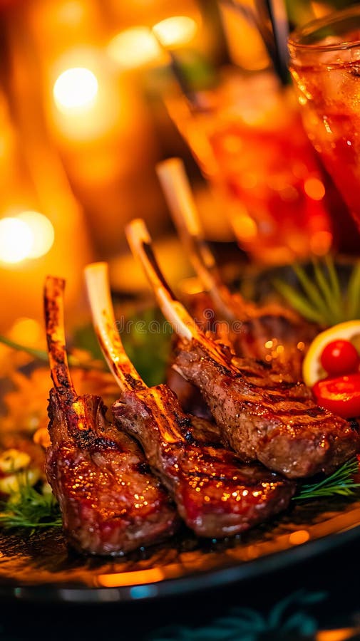 A Plate of Lamb Chops on a Table with a Glass of Wine Stock Image ...