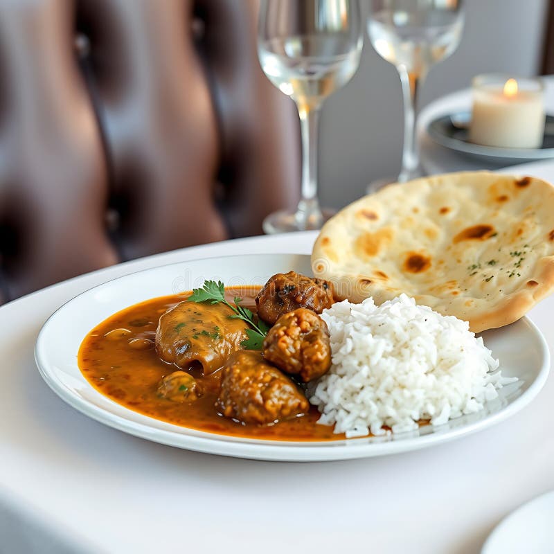A Plate of Lamb Curry with Naan and a Side of Rice on an Elegant Dining ...