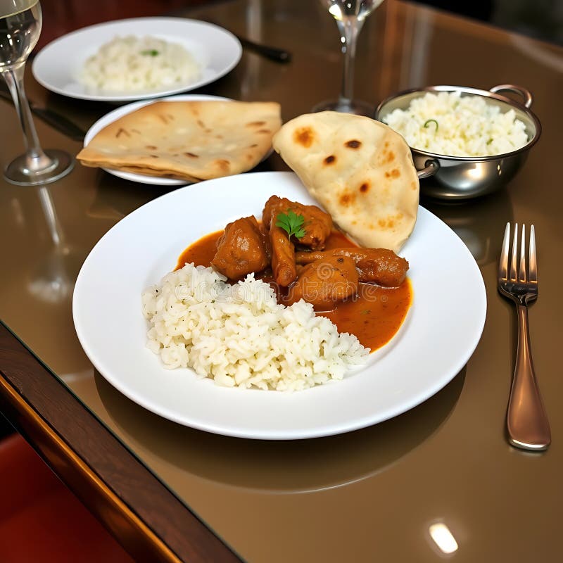 A Plate of Lamb Curry with Naan and a Side of Rice on an Elegant Dining ...