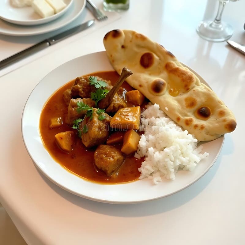 A Plate of Lamb Curry with Naan and a Side of Rice on an Elegant Dining ...
