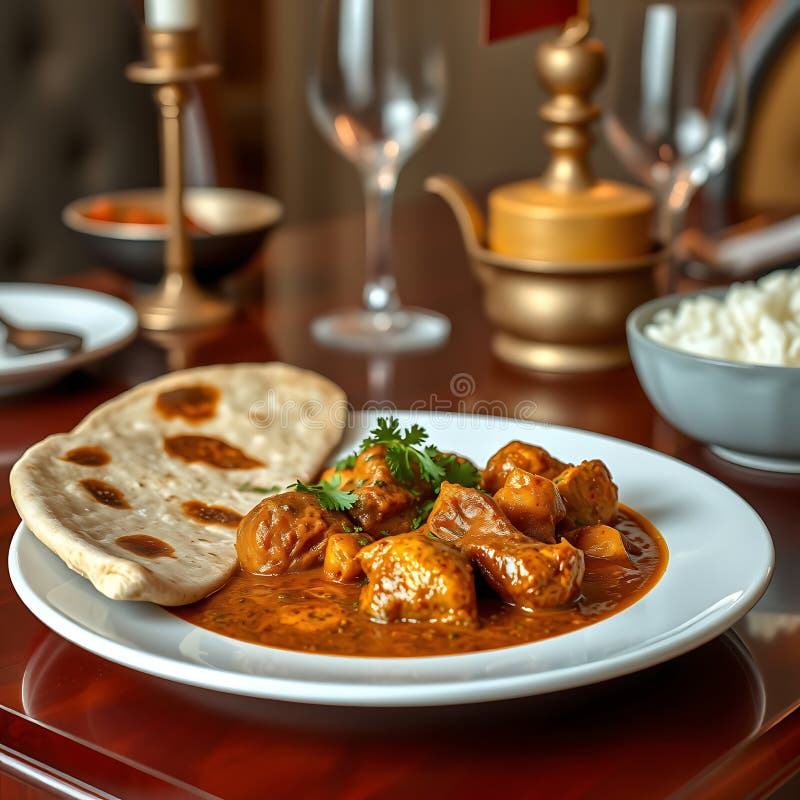 A Plate of Lamb Curry with Naan and a Side of Rice on an Elegant Dining ...