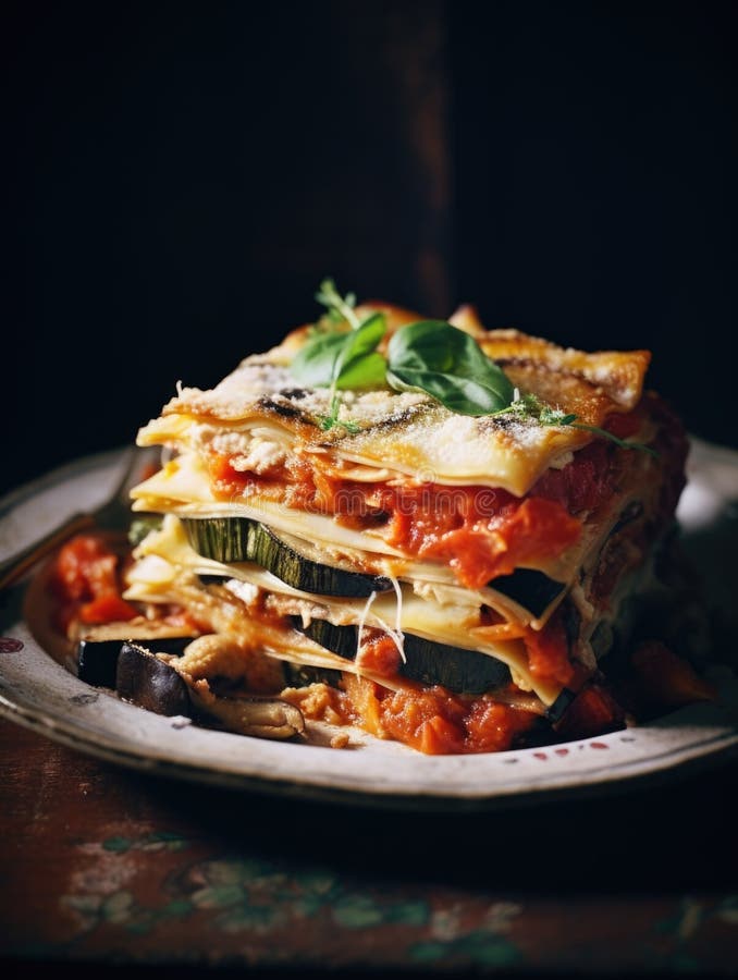 A Plate of Lasagna with a Green Leaf on Top Stock Image - Image of ...