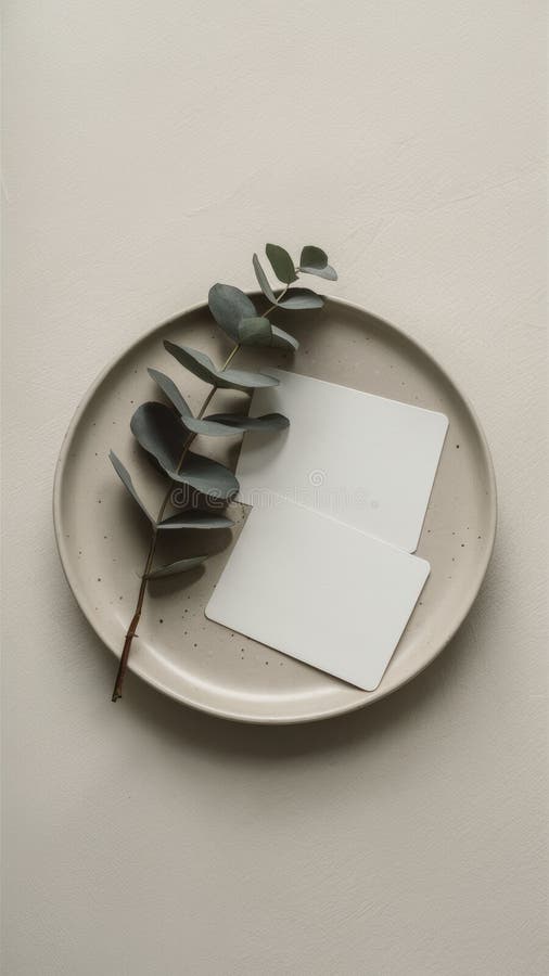A Plate with a Leaf and Two Blank Cards on it, AI Stock Photo - Image ...