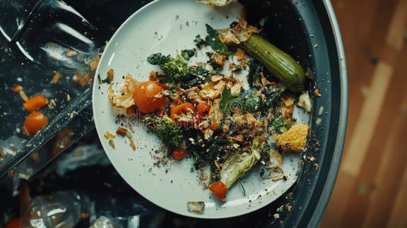 A Plate with Leftover Food Scraps in a Trash Bin, Highlighting Food ...
