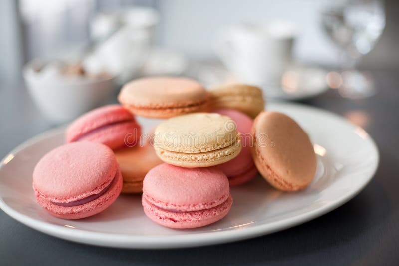 Plate of Macarons in a Cafe Stock Image - Image of confectionary, pink ...
