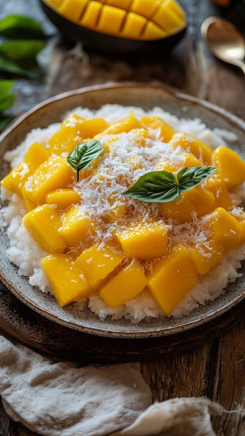A Plate of Mango Sticky Rice Drizzled with Coconut Milk on a Rustic ...