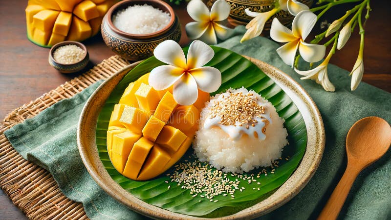 Plate of Mango Sticky Rice Garnished with Sesame Seeds and a Flower ...