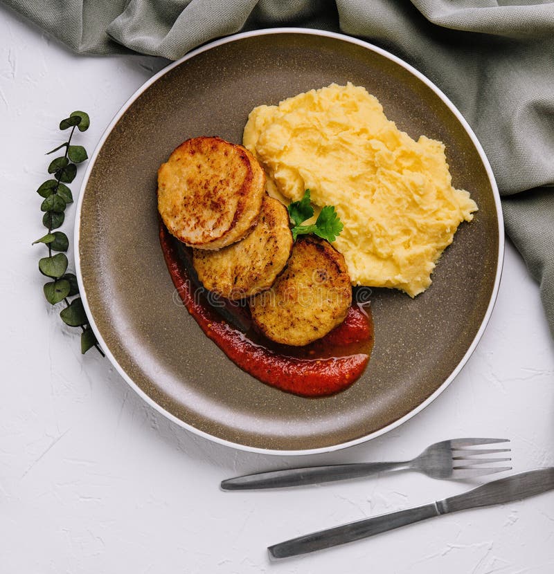 Plate with Mashed Potatoes and Vegetable Cutlets Top View Stock Photo ...