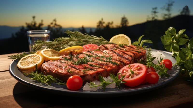 A Plate of Meat with Basil Leaves and a Slice of Water. Generative AI ...