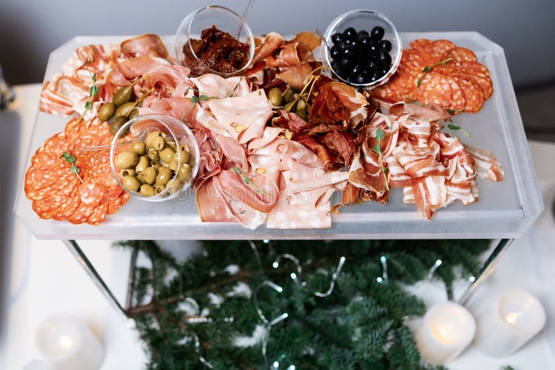 Plate with Meat, Salami, Ham, Backon, Prosciutto on Dark Grey Black ...