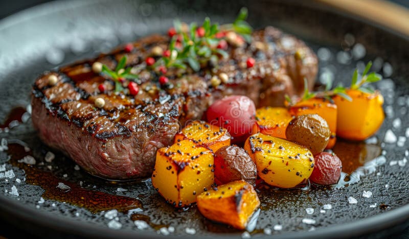 A Plate of Meat and Vegetables with a Black Plate. the Meat is Cooked ...