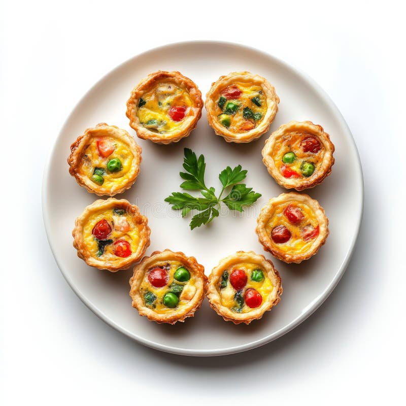 A Plate of Mini Quiches with Flaky Crust, Isolated on a White ...