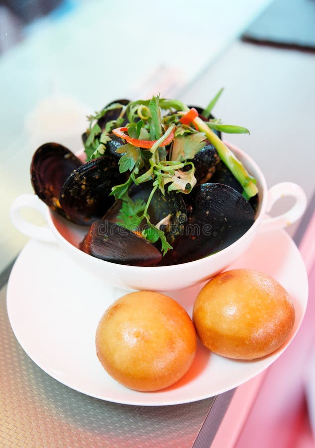 Plate of Mussels with Dim Sum on Counter Stock Image - Image of mussels ...