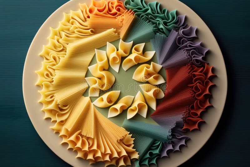 Plate of Neatly Arranged Dry Pasta Shapes in Different Colors Stock ...