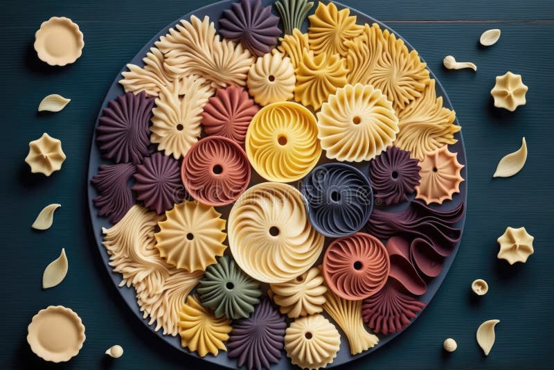 Plate of Neatly Arranged Dry Pasta Shapes in Different Colors Stock ...