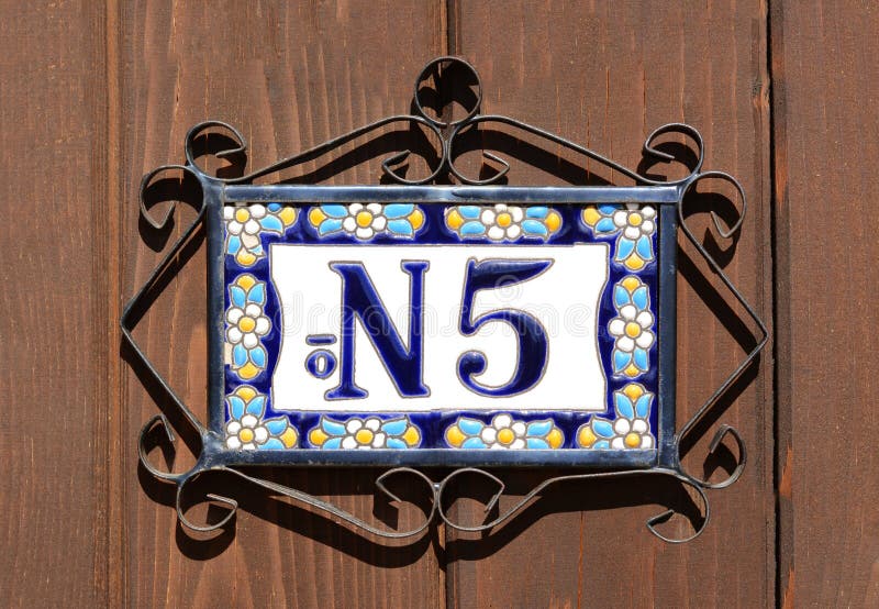 Plate with Number Five on Wooden Door Stock Image - Image of mark ...
