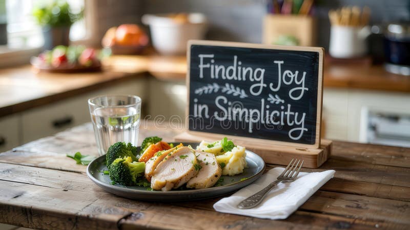 A Plate Chicken with Vegetables, Text "Finding Joy in Simplicity" Stock ...