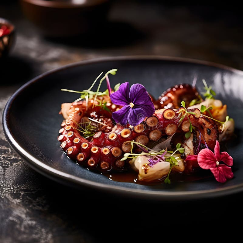 Plate of Octopus with a Variety of Delicious Vegetables and Flowers, AI ...