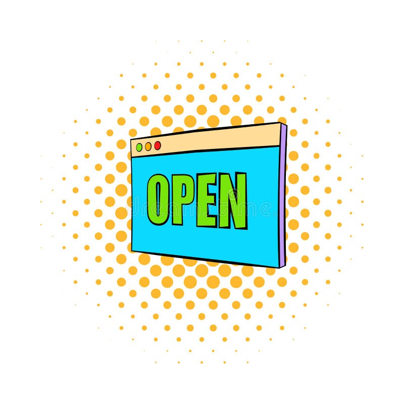 Plate with Open Sign Icon, Comics Style Stock Vector - Illustration of ...