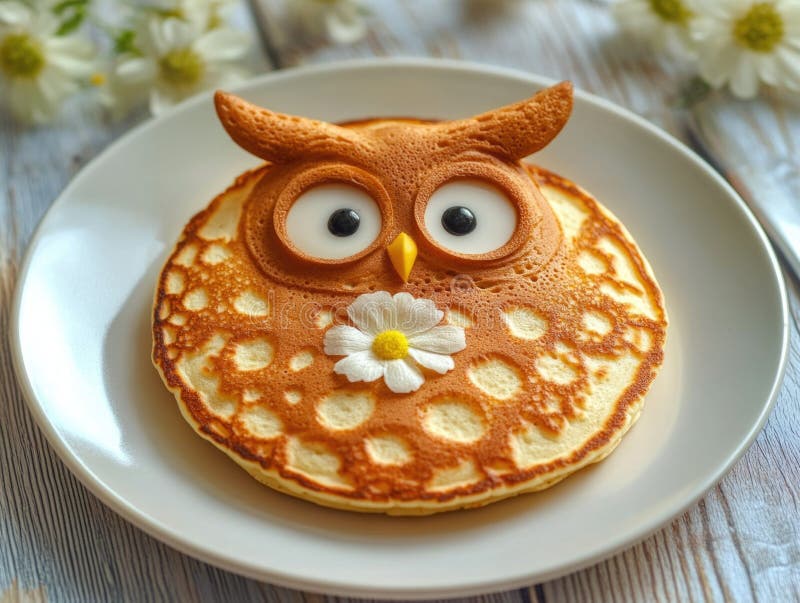 Plate with a Pancake Shaped Like an Owl with a Flower on it Stock Image ...