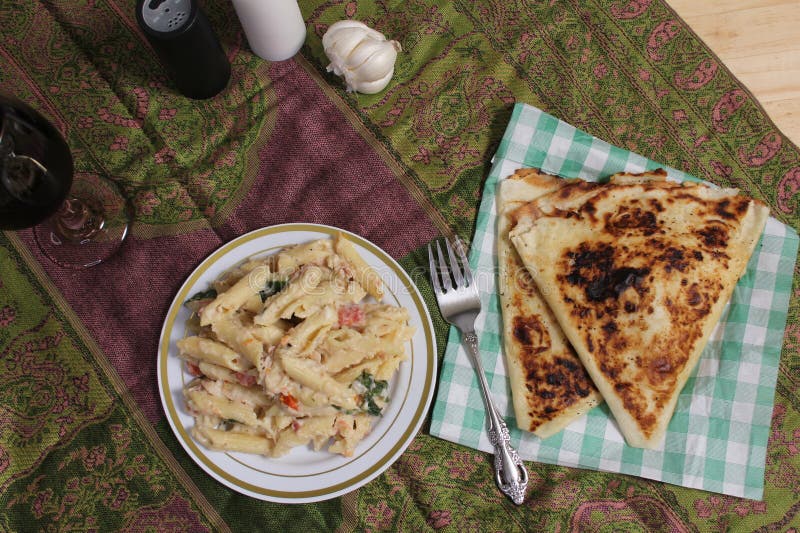 Pasta Carbonara with Italian Flat Bread on Buffet Table Stock Image ...