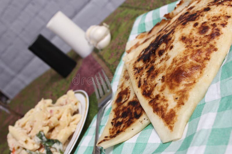 Plate of Pasta Carbonara with Italian Flat Bread on Rustic Table Stock ...