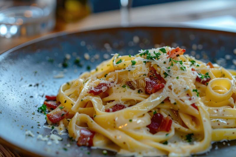 A Plate of Pasta with Crispy Bacon and Melted Parmesan Cheese Stock ...