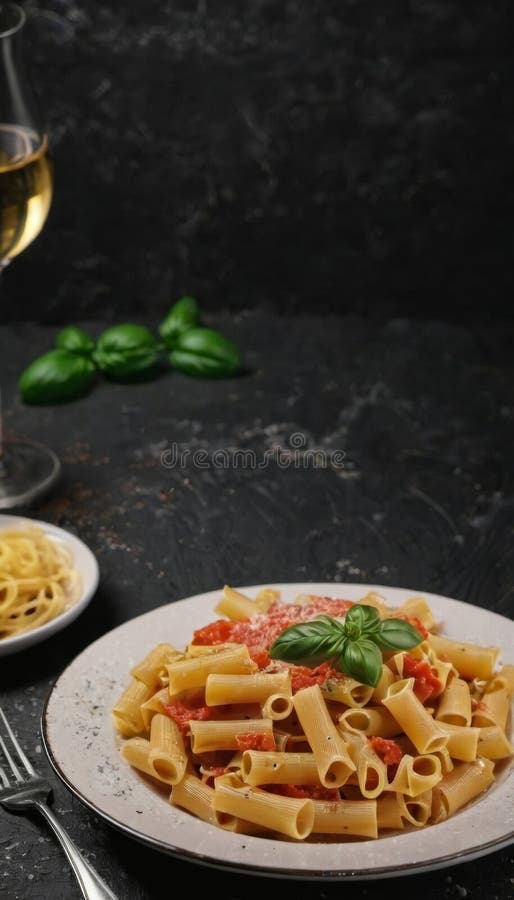 Plate with Pasta Decorated with Basil. Phone Wallpaper Vertical Image ...