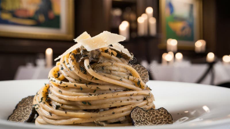 A Plate of a Pasta Dish with Truffle Mushrooms and Candles, AI Stock ...