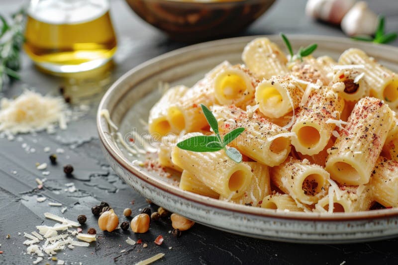 A Plate of Pasta with Melted Parmesan Cheese and Various Spices Stock ...