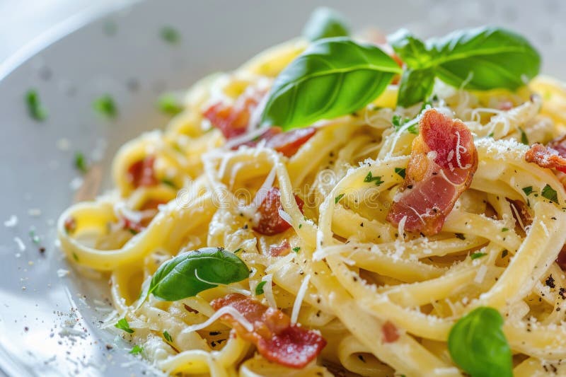 A Plate of Pasta Served with Crispy Bacon and Melted Parmesan Cheese ...
