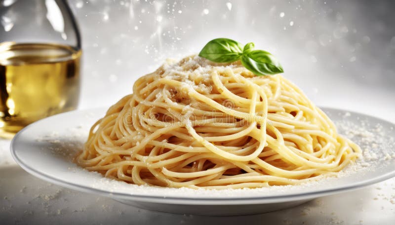 A Plate of Pasta with a Sprinkle of Cheese and a Leaf of Basil on Top ...