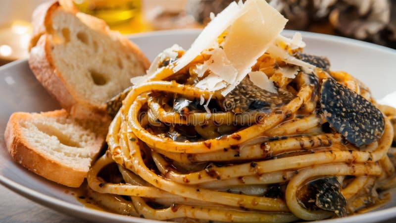 A Plate of Pasta with Truffle Sauce and Bread on a Table, AI Stock ...