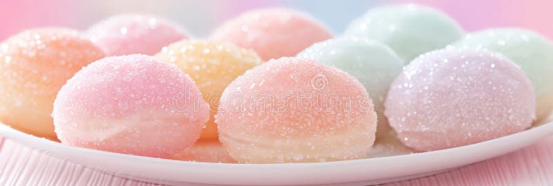 Plate of Pastel-colored Round Sweets Covered in Sugar Against a Blurred ...