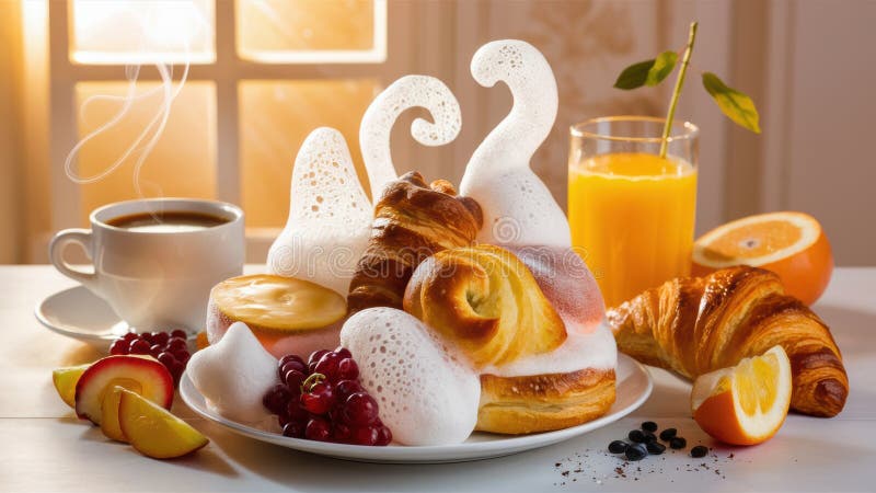 A Plate of Pastries and Fruit on a Table with Coffee, AI Stock Photo ...