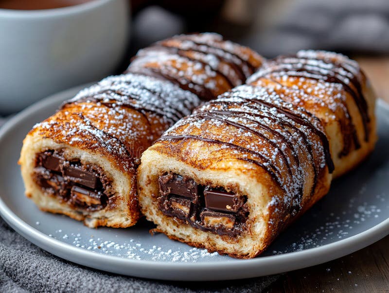 A Plate with a Pastry Roll Covered in Powdered Sugar and Chocolate ...