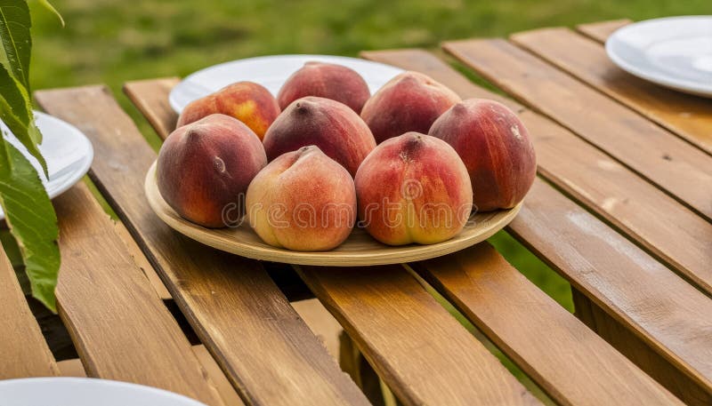 A Plate of Peaches Sits on a Wooden Table, with Copy Space Stock ...