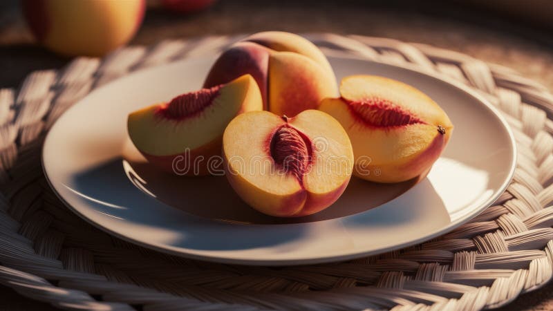 A Plate of Peaches are on a White Plate with Cut in Half, AI Stock ...