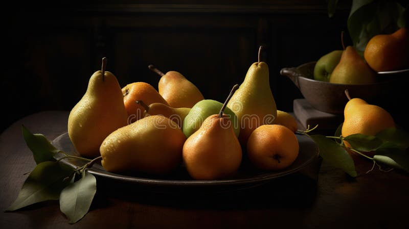 A Plate of Pears and Pears on a Table with a Bowl of Pears in the ...