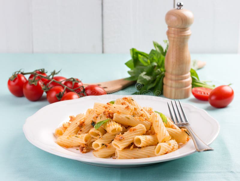 Plate of Penne Pasta with Bread Crumbs, Basil and Stock Image - Image ...