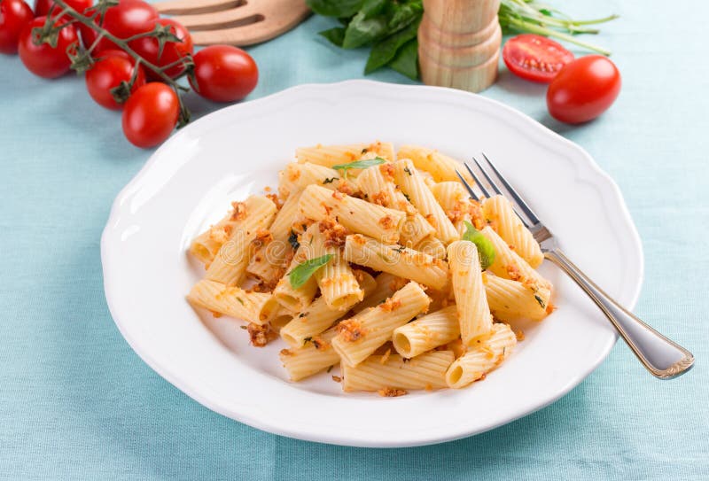 Plate of Penne Pasta with Bread Crumbs, Basil and Stock Image - Image ...