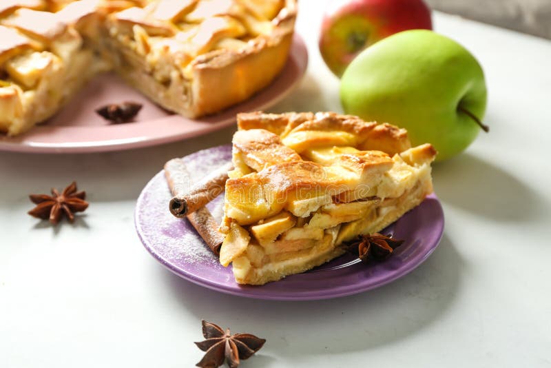 Plate with Piece of Delicious Apple Pie on Table Stock Image - Image of ...