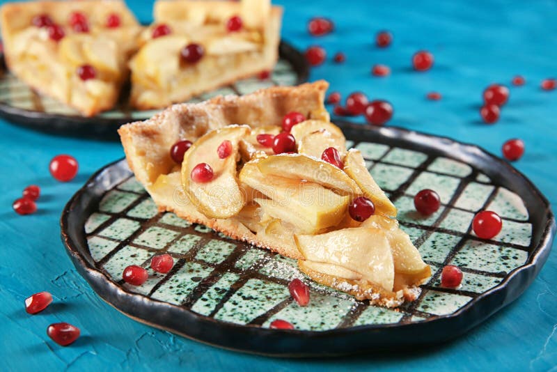 Plate with Piece of Tasty Homemade Apple Pie on Table Stock Image ...