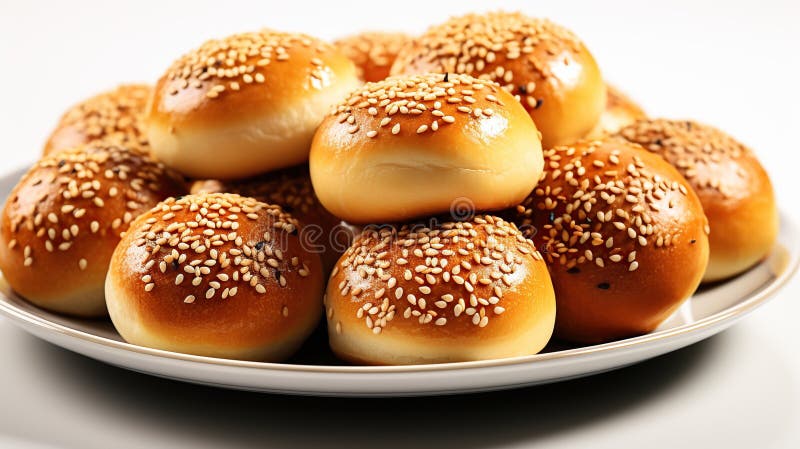 A Plate Piled High with Soft, Golden Brown Sesame Seed Buns Stock ...