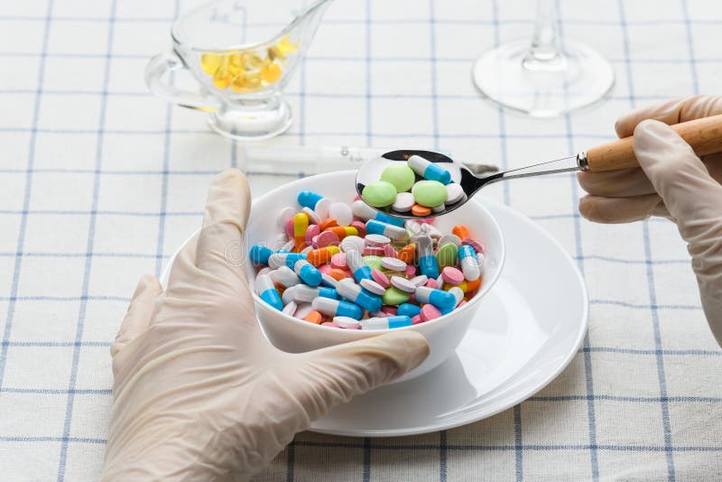 A Plate of Pills and Medications on the Table Stock Image - Image of ...