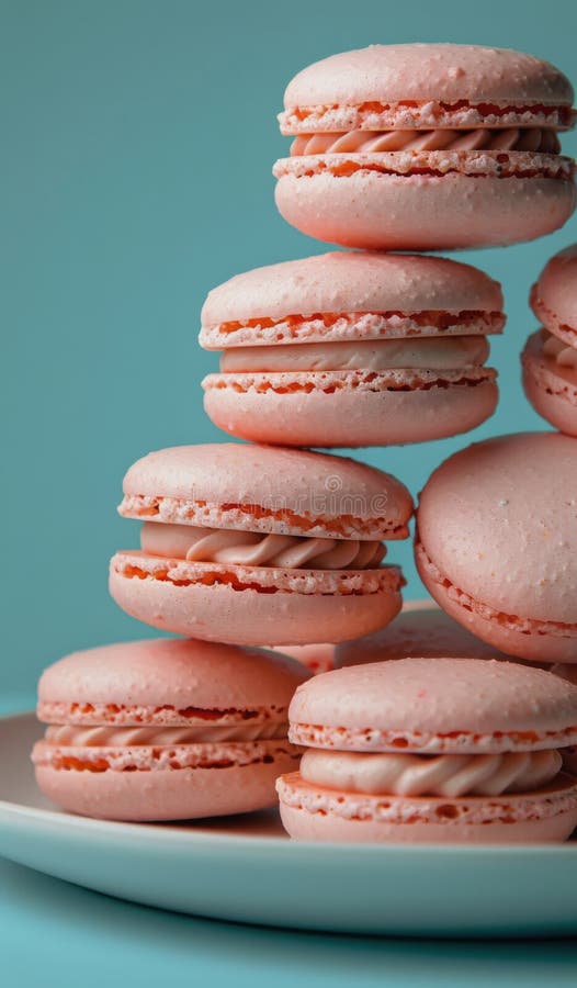 Plate of Pink Macaroons on Blue Table Stock Photo - Image of ...