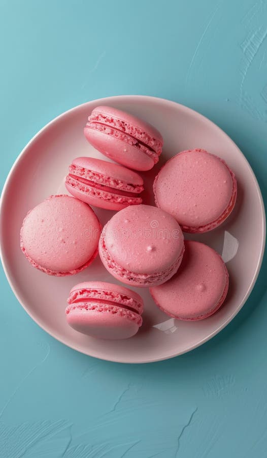 Plate of Pink Macaroons on Blue Table Stock Photo - Image of bakery ...