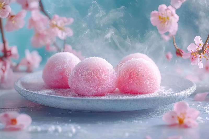 A Plate of Pink Sugar Balls on a Blue Plate with Pink Flowers Stock ...