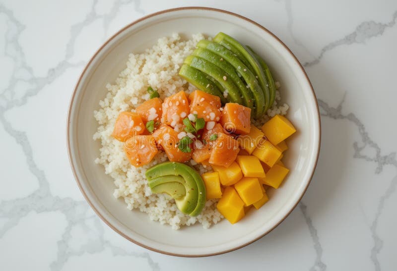 Plate of Poke Bowl Rice Salmon Avocado Mango. Stock Image - Image of ...