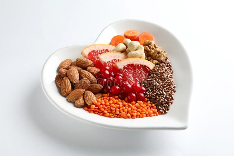 Plate With Products For Heart-healthy Diet On White, Top View Stock ...